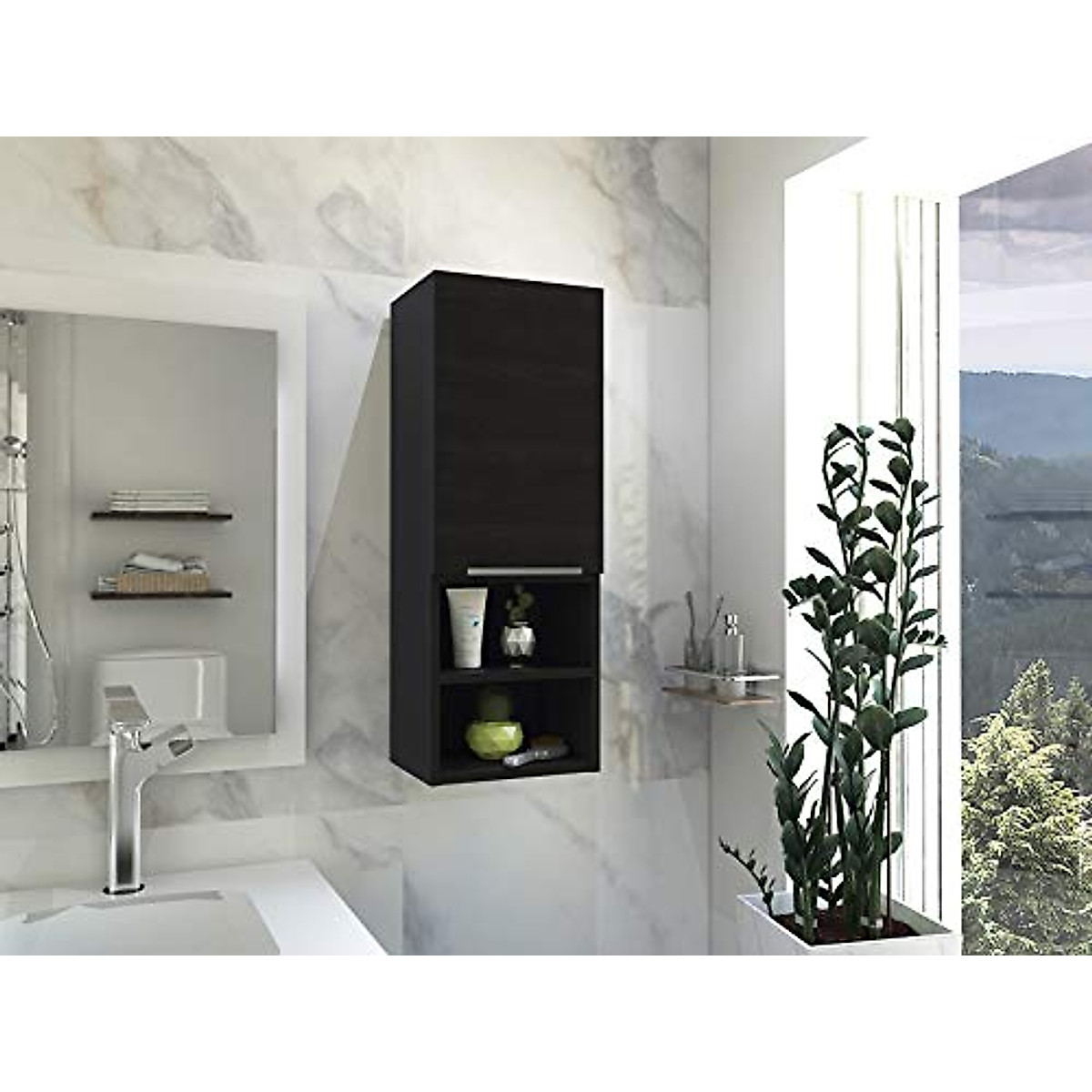 Tuhome Mila Wall-Mounted Bathroom Medicine Cabinet with Open & Closed Storage, Black Wenge