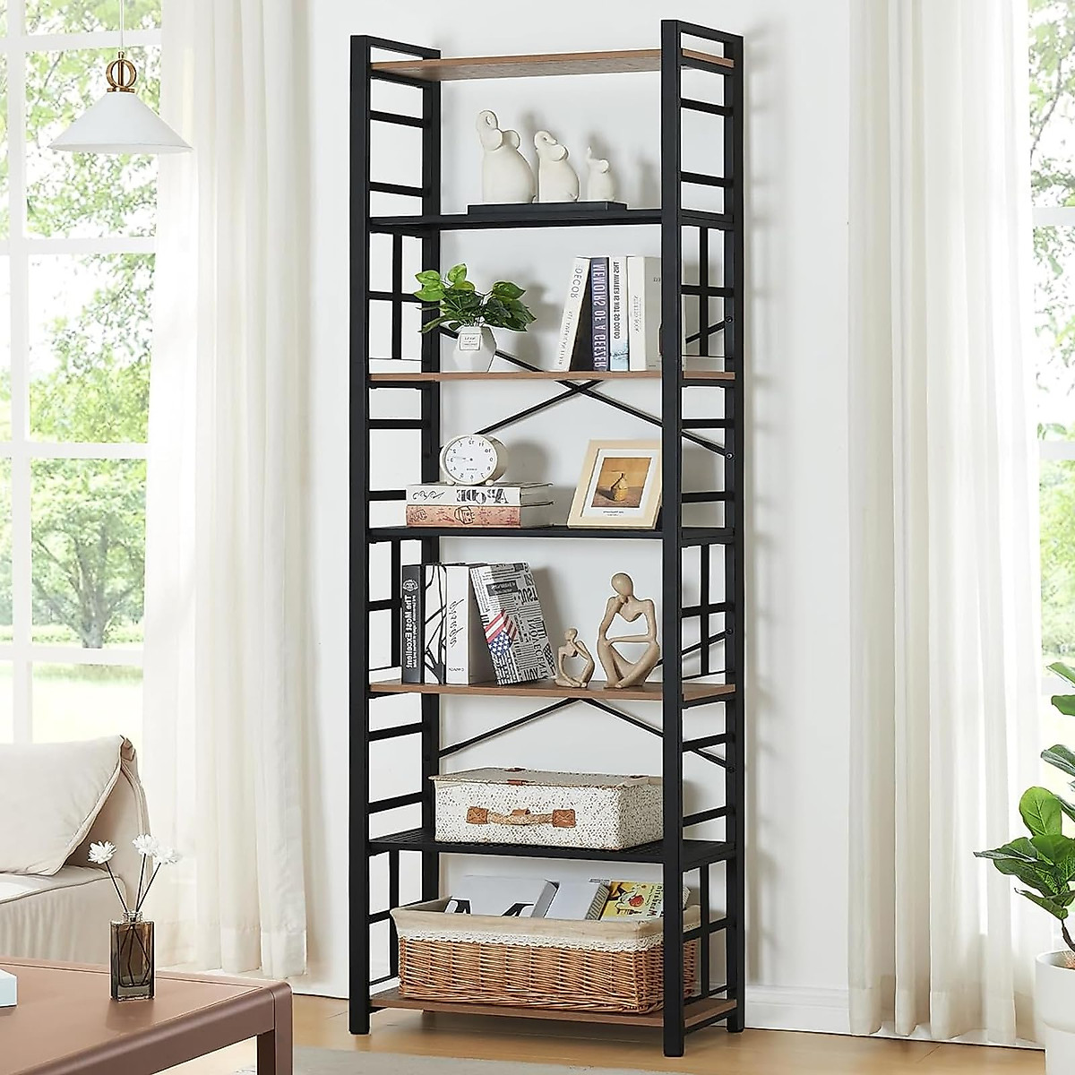 HOMBAZAAR 7 Tier Bookshelf,84 inch Tall Industrial Bookcase with Metal Frame and Open Shelves,Rustic Heavy Duty 7 Shelf Bookcase, Office Book Shelves for Living Room and Bedroom,Brown