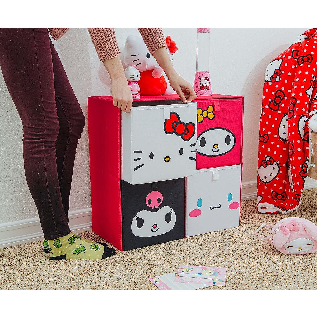 Sanrio Hello Kitty and Friends 11-Inch Fabric Storage Bins, Set of 4 | Cube Organizers For Cabinet, Closet