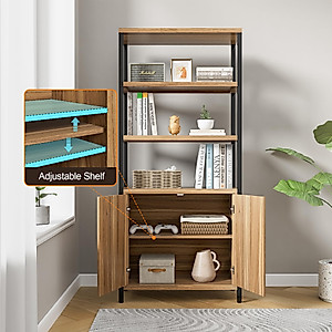 UEV Bookshelf 5 Tier Wood Boho Bookshelf with Storage Door,Fluted 71 in Tall Bookshelf with Metal Stand,Mid Century Modern Large Accent Bookcase for Living Room,Bed Room (Wood, 2 Piece)