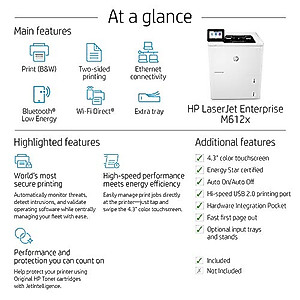 HP LaserJet Enterprise M612x Monochrome Printer with built-in Ethernet, 2-sided printing & extra paper tray (7PS87A), White