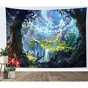 LB Fantasy Forest Castle Tapestry, Large Green Magic Fairy Tale World Tapestry Wall Hanging, Trippy Mountain Tapestry Wall Decor for Bedroom Living Room Dorm Wall Decor, 80 x 60 Inches