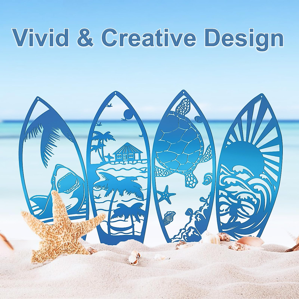 4Pcs Metal Surf Board Wall Decor Summer Surfboard Beach Signs Shark Palm Tree Wall Art Tropical Wall Decor Hanging Coastal Wall Decor Sea Turtle Wall Decoration for Wall Door (Blue)