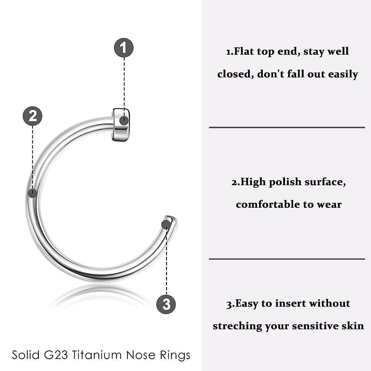 MILACOLATO 6PCS G23 Titanium Nose Rings Hoops 18G C-Shape Fake Nose Ring Disc Hypoallergenic Lip Nostril Body Piercing Jewelry Rings for Women Men, 8mm