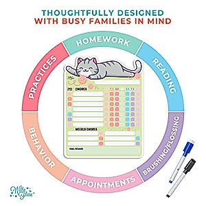 Willa Flare Fridge Chore Charts | Magnetic Chore Chart For Multiple Kids and Adults | Helps to Reward Responsibility with Family Chores Charts | Wet and Dry Markers (Gray Cat Weekly and Brown Ca)
