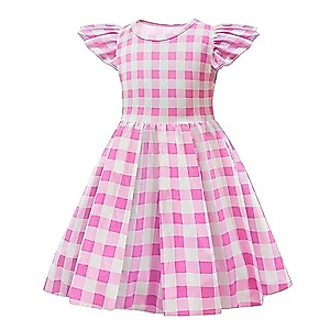 Fpoqbod Girls Pink Gingham Costume Dress Movie Cosplay Kids Party Halloween Fancy Plaid Dressess With Sweats (Pink, 8-9 Years)