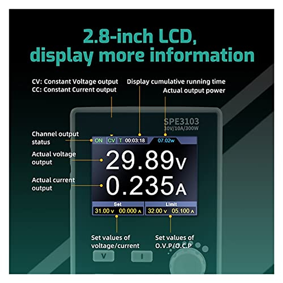 DC Power Supply, Programmable DC Power Supply 300W 30V/10A 60V/10A 2.8" LCD 10mV/1mA Resolution Digital Voltage Regulator Switch,Electroplating DIY(SPE6102 200W)