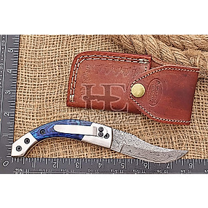 HUNTEX Handmade Hand-Forged Rain Drop Pattern Damascus Steel 4 Inch Long Pakka Wood Handle Razor Sharp Hunting Camping Trailing Pocket Knife w/Pocket Clip & Genuine Leather Pouch