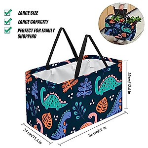 KQNZT Reusable Grocery Bags, Heavy Duty Reusable Shopping Bags, Large Tote Bags with Long Handles and Reinforced Bottom, Dinosaur Leaves Cartoon