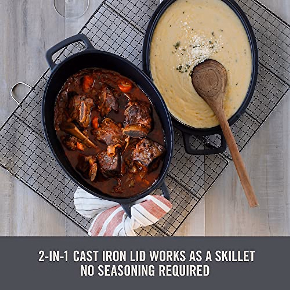 Zakarian by Dash 6 Qt Nonstick Cast Iron Double Dutch Oven, Oval Pot with 2-in-1 Skillet Lid, Black