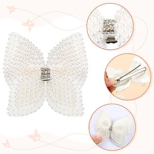 Chuangdi 4 Pieces White Rhinestone Hair Bows for Girls, Cute Pearls Hair Bow with Alligator Hair Clips Beads Hairgrip for Women Baby Teens Toddlers Children Hair Styling