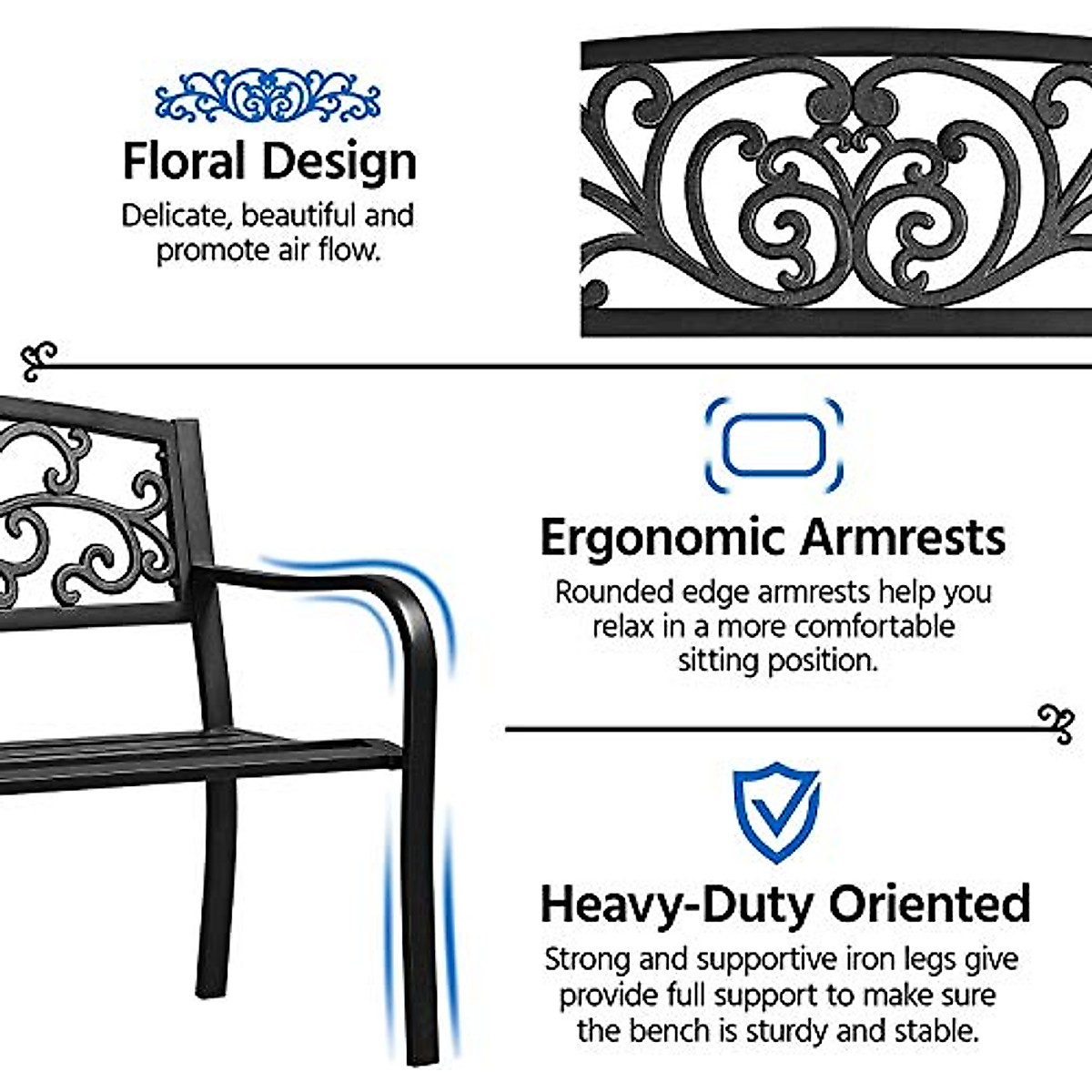 Patio Park Garden Bench, 50" Outdoor Bench Metal Bench with Powder Coated Iron Metal Frame & Floral Ivy Design Backrest, 400lbs Sturdy Steel Frame Furniture for Yard Porch Entryway Lawn Decor Deck