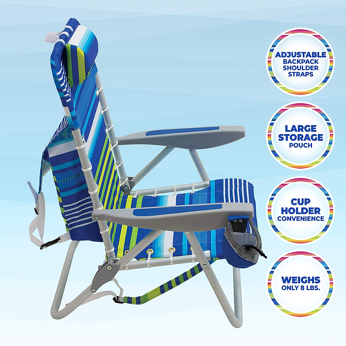 Rio Brands Beach 4-PRio Beach 4-Position Backpack Lace-Up Suspension Folding Beach Chair - Blue/Green Stripe , 24" x 24.75" x 33"
