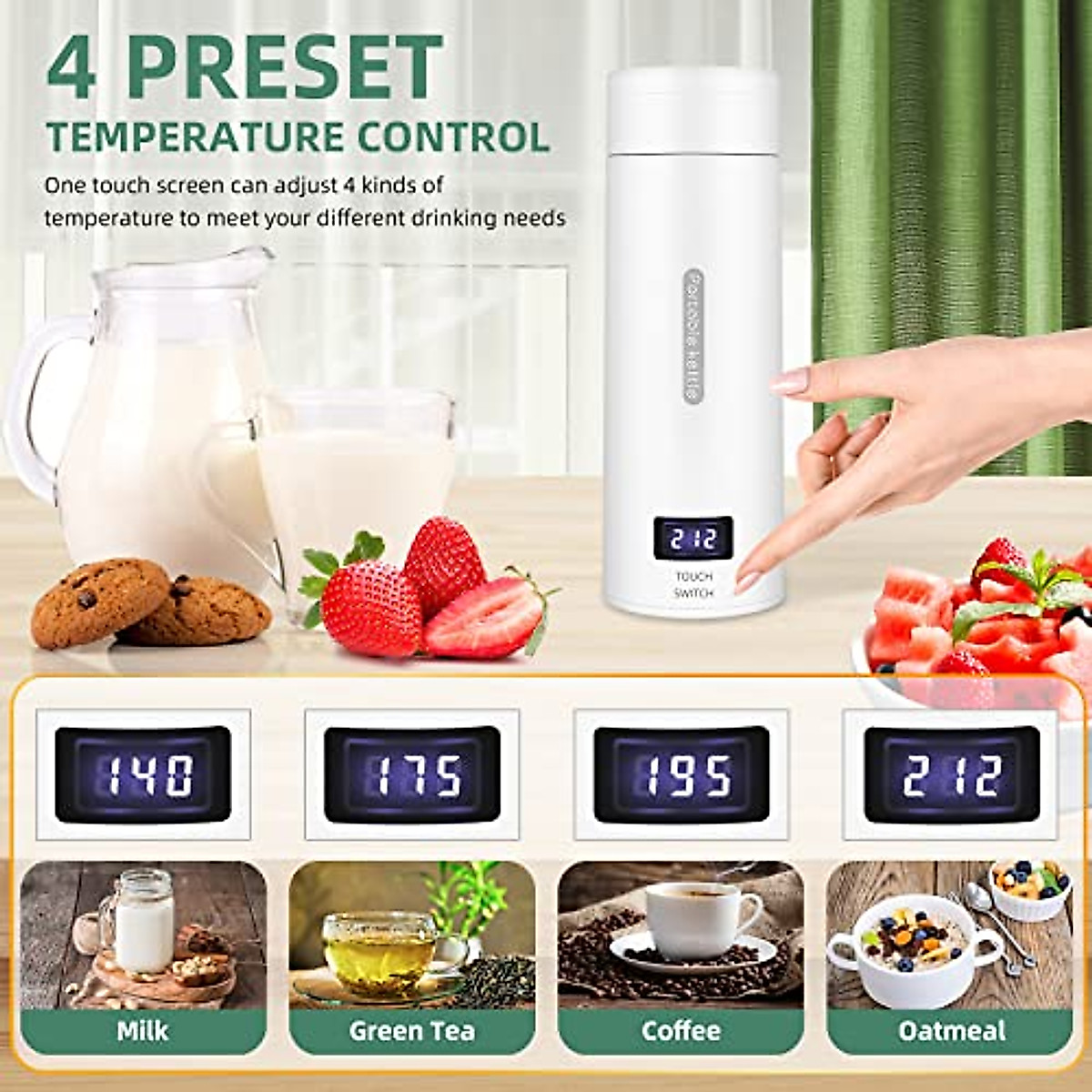 Travel Electric Kettle Portable Small Tea Coffee Kettle Water Boiler, 380ml Mini Hot Water Kettle Electric 304 Stainless Steel BPA Free with 4 Temperature Control and Auto Shut Off By COSHCYMO, White