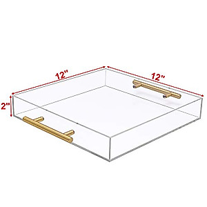 12x12 Clear Acrylic Serving Tray with Gold Handle, Clear Square Plastic Serving Tray Food Serving Tray for Breakfast Coffee Bread Kitchen Home Decor(12x12 inches)
