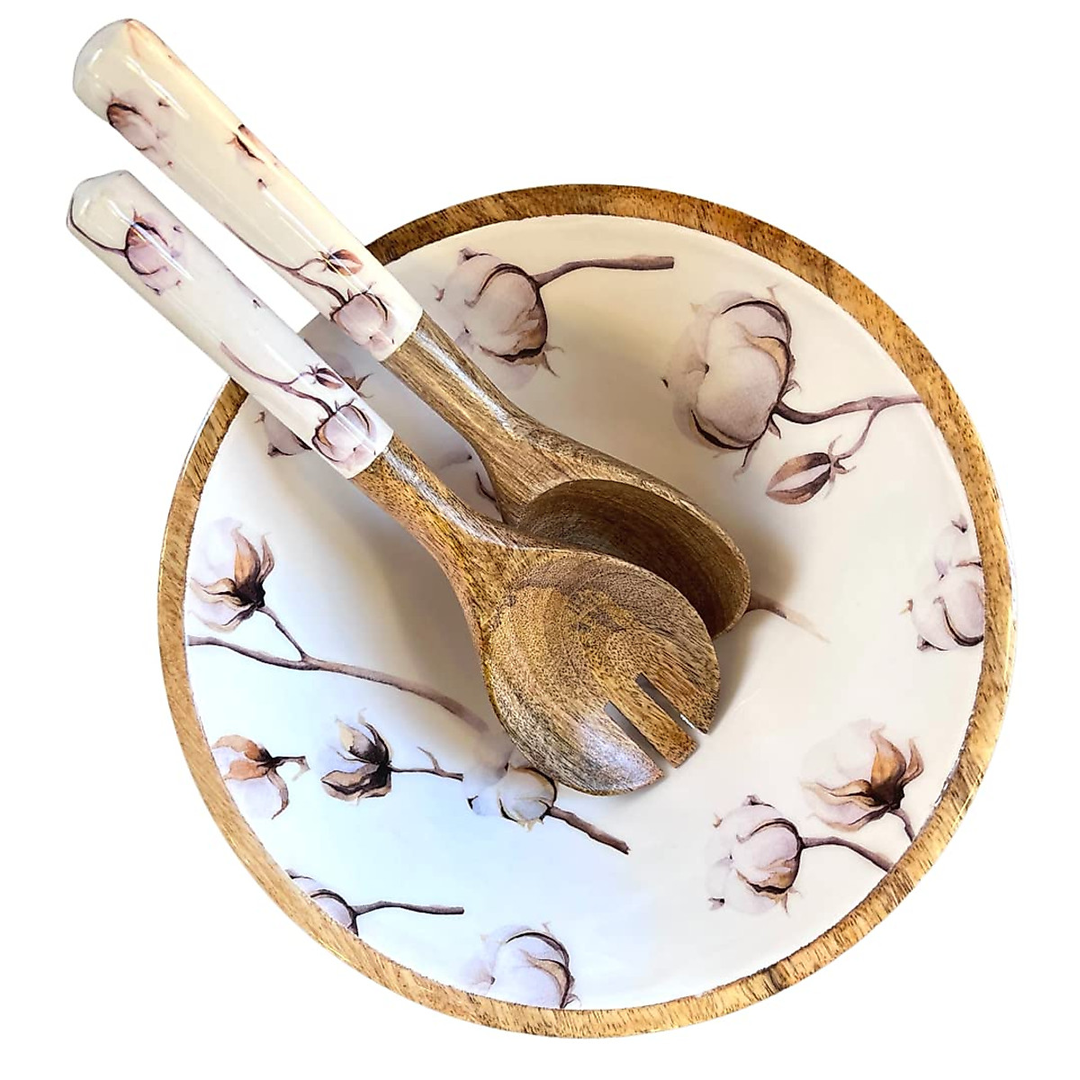 The Fern Trail Wood Serving Bowl | Salad Bowl with Tongs | Wooden Decorative Bowl | Wood Fruit Bowl for Kitchen Counter | Mango Wood Bowl (Blue)