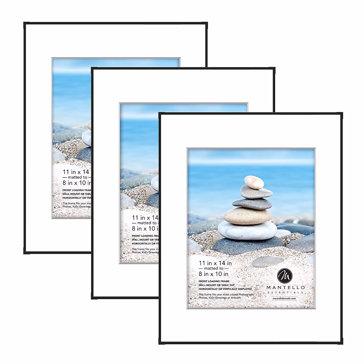 MANTELLO ESSENTIALS Black Picture Frame 11x14-8x10 Matted Space or 11x14 No Mat Space- Pack of 3 Picture Frames 11x14