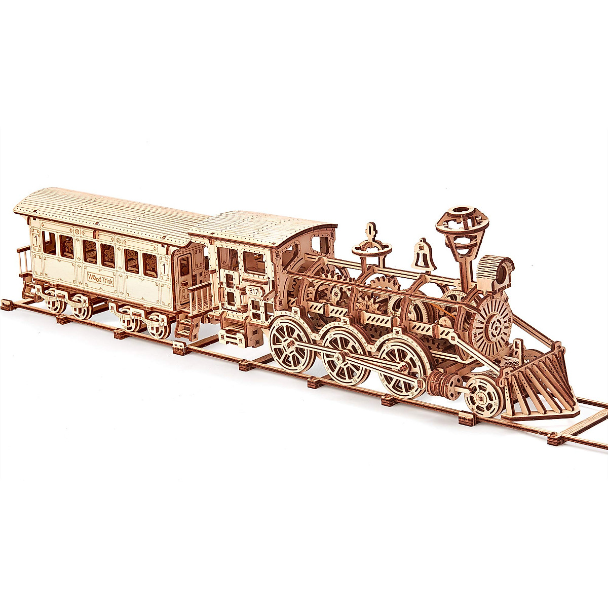 Wood Trick Wooden Toy Train Set with Railway - 34x7″ - Locomotive Train Toy Mechanical Model Kit - 3D Wooden Puzzles for Adults and Kids to Build - Engineering DIY Wooden Models for Adults to Build