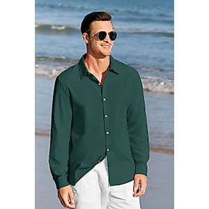 Mens Button Up Shirts Linen Beach Long Sleeve Casual Cotton Summer Lightweight Tops