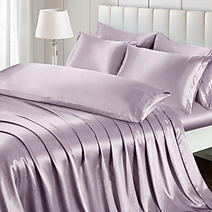 Ersmak 7 Pieces Satin Sheets Set Full Size, Luxury Silky Lavender Satin Bed Sheets Set with 1 Deep Pocket Fitted Sheet, 1 Soft Flat Sheet, 4 Queen Pillowcases and 1 Body Pillowcase