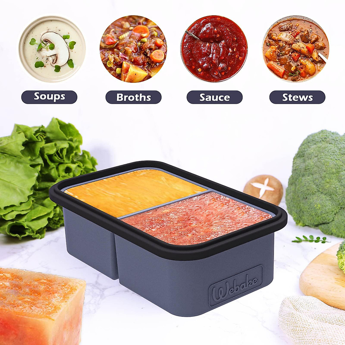 Webake Silicone Freezer Tray with Lid, 2 Cup Ice Cube Tray for Soup Sauce Meal Prep, BPA Free - Grey