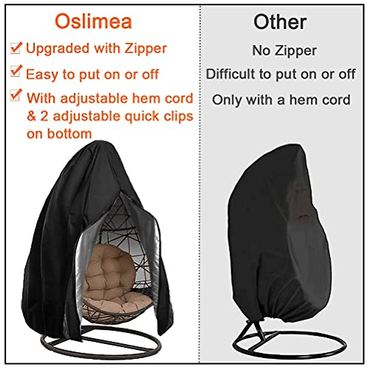 Oslimea Patio Hanging Egg Chair Cover, Waterproof with Zipper, Wind-Proof Swing Egg Chair Cover with Bottom Buckle, Outdoor Wicker Single Seat Egg Chair Covers, Black
