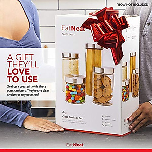 EatNeat 4 Piece Beautiful Glass Kitchen Canisters with Stainless Steel Lids - Premium Food Storage Container, Versatile Cereal, Sugar, Flour, Coffee, Snacks Container for Clean Kitchen Organization