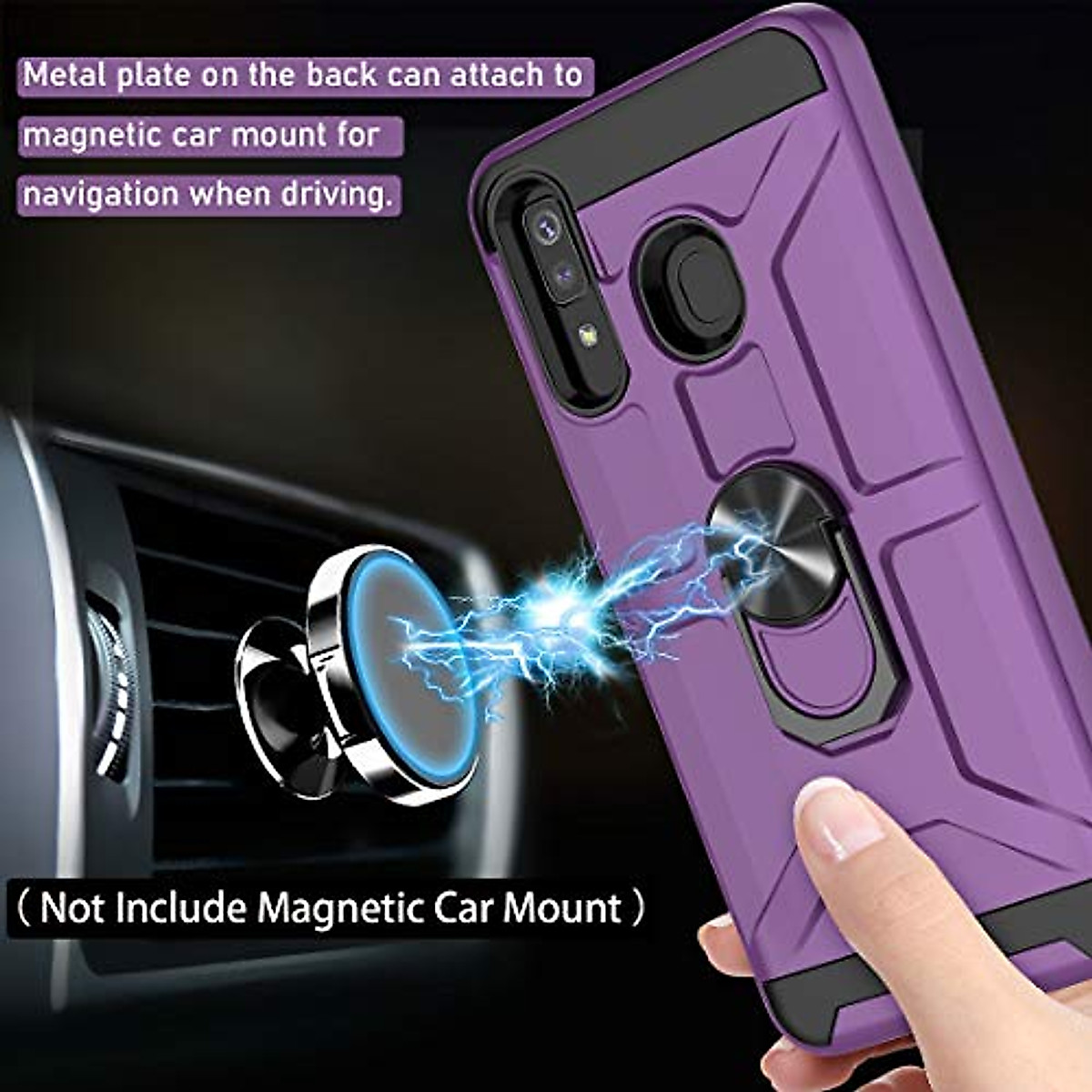 Jeylly Case for Galaxy A20/A50 with Tempered Glass Screen Protector, 360 Rotating Ring Kickstand Holder [Work with Magnetic Car Mount] Armor Defender Shockproof Phone Case for Samsung A20/A30, Purple
