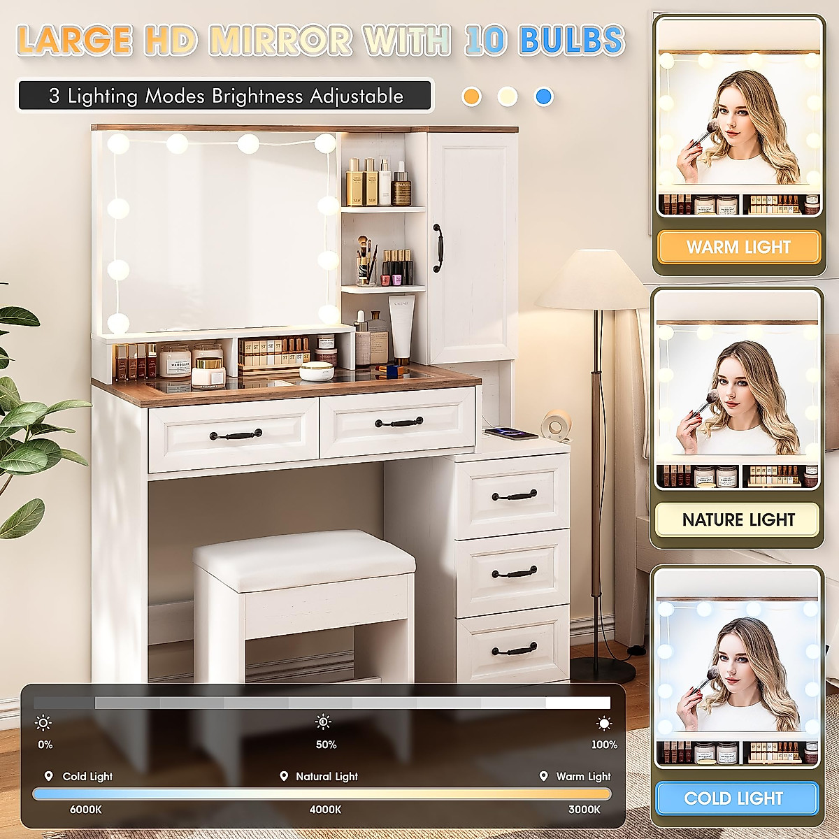 Vabches Makeup Vanity Desk with Lights and Mirror, Brown Vanity Table Set with Charging Station, Glass Top Vanity with RGB Lights, Large Mirror with 3 Lighting Modes, 5 Drawers & Cabinet, 40.7in(L)