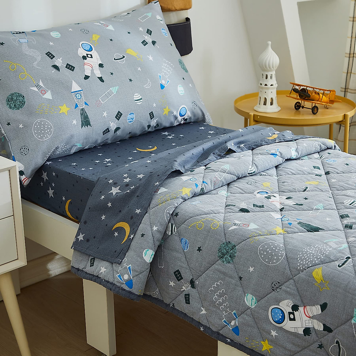 Brandream 4-Piece Toddler Bedding Sets for Boys Space Rocket Galaxy Bed Sheet Set Girls Includes Comforter, Top Flat Sheet, Fitted Sheets and Pillowcases, Cotton