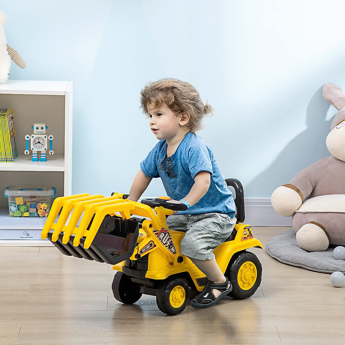 Aosom Kids Ride on Excavator Pulling Cart with Sound Effects, No Power Digger Scooter Ride-on Toy Construction Vehicle for Toddler or Preschool Age with Under-Seat Storage, Treaded Wheels
