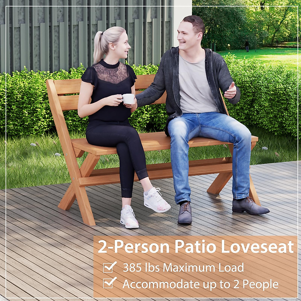 Giantex Wood Outdoor Bench Folding - 2-Person Patio Garden Bench with Solid Teak Wood Structure, Natural Appearance, Foldable Park Bench for Patio, Porch, Backyard, Poolside, Outside Bench Seat