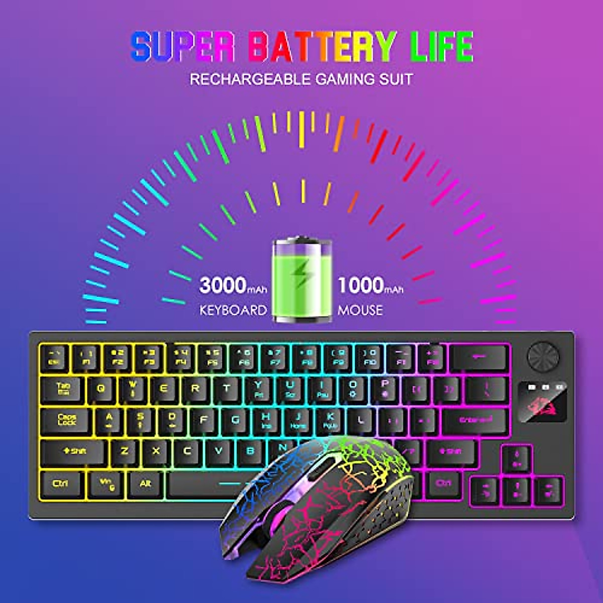Wireless Gaming Keyboard and Mouse Combo,12 RGB Backlit with Rotary Knob,Long-Lasting Rechargeable Battery 4000mAh,N-Key Rollover,Quick and Quiet Typing Keyboard and Mouse for PC PS4 PS5(Black)