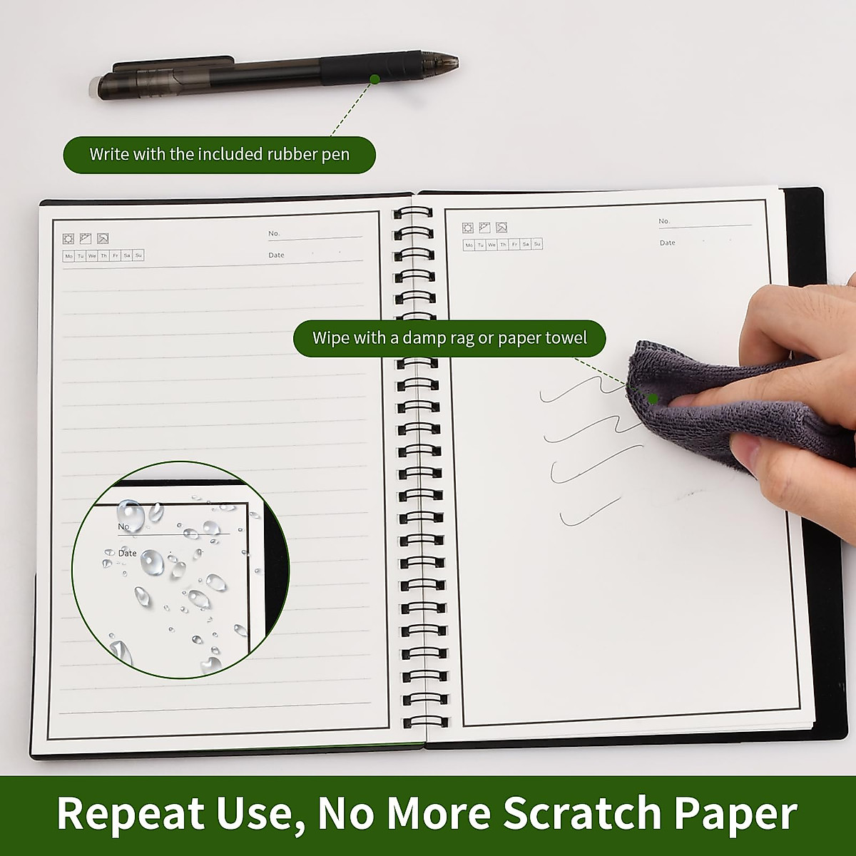 A5 Black Reusable Digital Notepad Eco Friendly Spiral Notebook with Erasable Pen, Sticky Notes and Microfibre Cloth