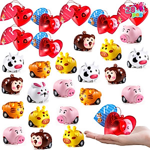 JOYIN 28 Pack Valentine Day Animals Pull Back Vehicles for Kids with Gift Cards and Filled Hearts, Pull Back & Go Car Toy Sets for Toddlers Kids Valentine School Classroom Exchange, Game Prizes