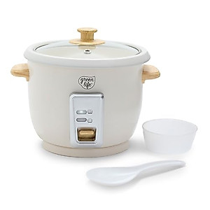 GreenLife 6-Cup Rice Cooker Steamer, PFAS Free Removable Ceramic Nonstick Pot, Auto Presets, Wood Print Handle, Keep Warm Function, One Touch Design, Dishwasher Safe, Measuring Cup, Rice Paddle, Cream