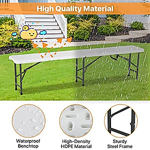 HKLGorg Folding Bench 6 FT Heavy Duty Plastic Outdoor Bench Foldable Camping Seat Portable Indoor Outdoor Seat Foldable Bench for Picnic Camping Party Dining - White (2 Pack)