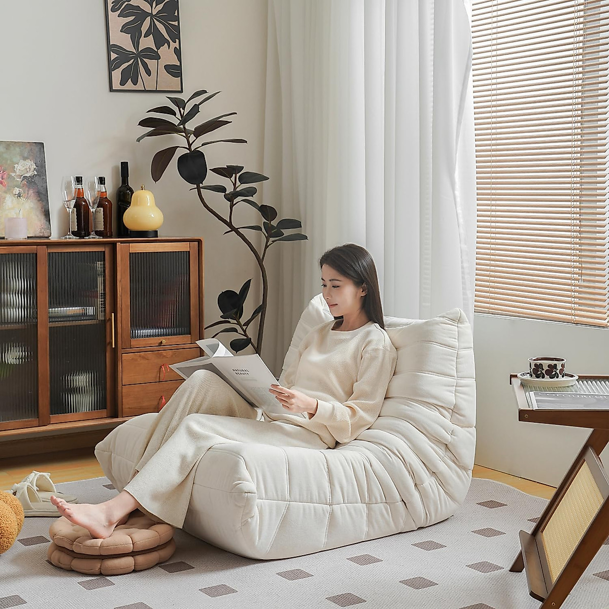 N&V Fireside Chair, Mid Century Armless Floor Sofa, Soft Premium Microfiber Floor Lounge Chair, Foam Sofa Accent Chair for Living Room Bedroom and Office, (Single, Ivory)