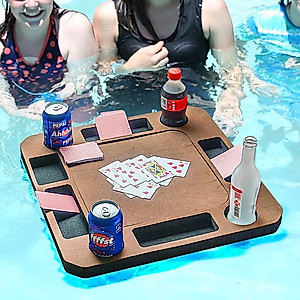 Floating Game or Card Table Tray for Pool or Beach Party Float Lounge Durable Foam Drink Holders with Waterproof Playing Cards (Brown)