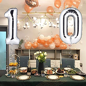 Huture 40 Inches Jumbo Digital Number Balloon Huge Giant Balloon Foil Mylar Balloons for Birthday Party Wedding Bridal Shower Engagement Photo Shoot Anniversary, Number 10 Silver Balloon