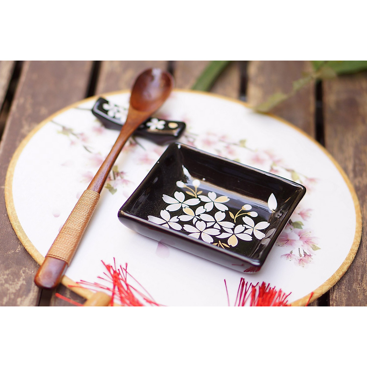 Cinf Ceramic Japanese Cherry Blossom Salad Sauce Rectangular Sushi Dish Set of 4 Plates Black Snack Bowls Appetizer Seasoning Serving for Kitchen Home