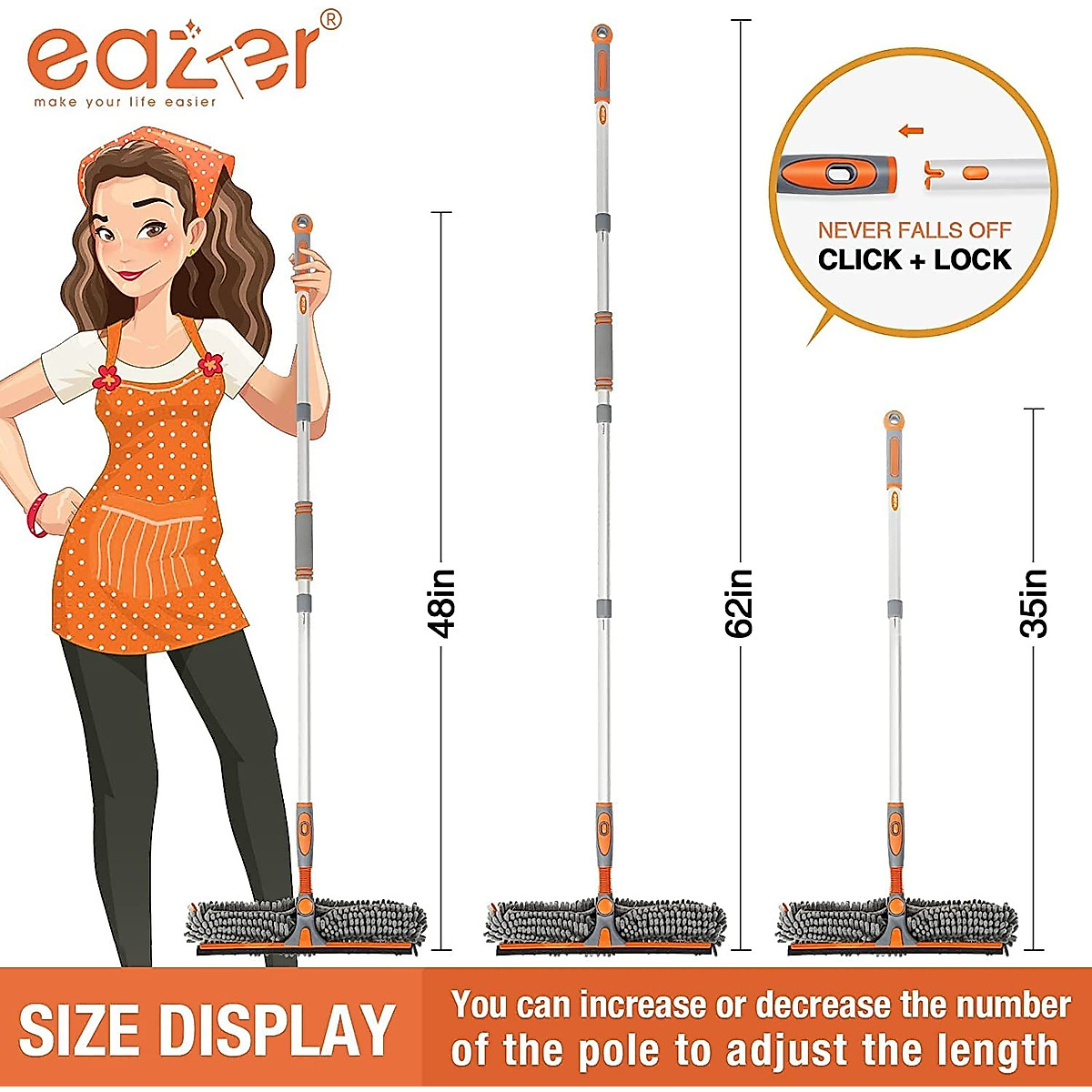 eazer Squeegee Window Cleaner 2 in 1 Rotatable Window Cleaning Tool Kit with Extension Pole, 62'' Telescopic Window Washing Equipment with Bendable and Adjustable Head for Indoor/Outdoor Car Glass