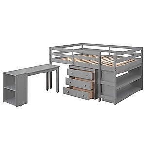 CITYLIGHT Low Full Loft Bed with Desk and Storage Cabinet, Wood Kids Full Size Loft Beds Frame with Storage Shelves & Rolling Portable Desk for Juniors, Teen, Boys & Girls (Full Size, Gray)