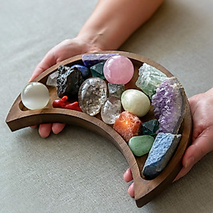Curawood Moon Tray Crystal Holder - Display Your Crystals & Healing Stones - 10" x 5" Crescent Moon Tray for Crystals - Crystal Holder for Stones Display - Crystal Display Tray, Crystal Charging Plate