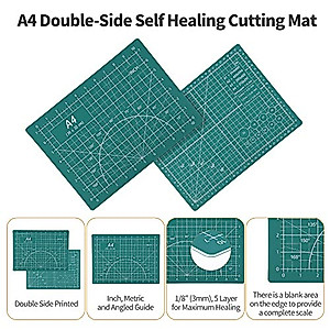Rotary Cutter Set, 42Pcs Self Healing Cutting Mat Kit - 45mm Rotary Fabric Cutter with 5 Extra Cutter Blades, A4 Cutting Mat, 20 Craft Clips, 15 Non-Slip Grips, Sewing Supplies for Crafting Sewing
