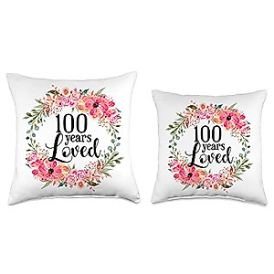 Floral 90 Years Loved Mom Grandma Birthday Gift Floral Loved 100 Year Old Grandma 100th Birthday Throw Pillow, 16x16, Multicolor