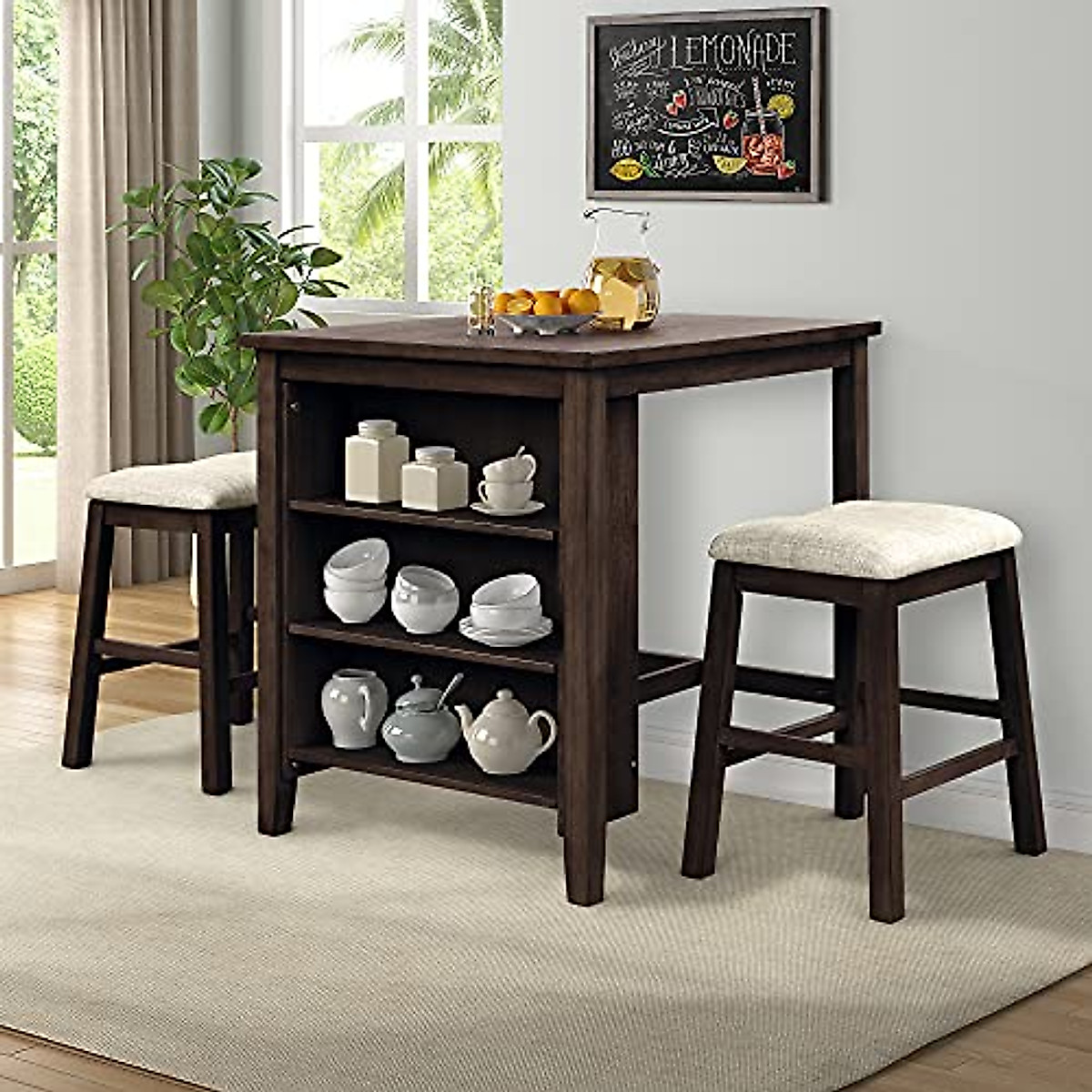 Bellemave 3 Piece Dining Table Set Counter Height Table Chair Set with 1 Table, 2 Padded Stools, Storage Shelf for Kitchen, Dining Room, Brown