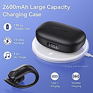 CAPOXO Bluetooth Headphones Wireless Earbuds 120Hrs Playtime IPX7 Waterproof Sports Earphones 2600mAh Wireless Charging Case Headset with Over-Ear Earhooks LED Power Display Mics for Workout Black