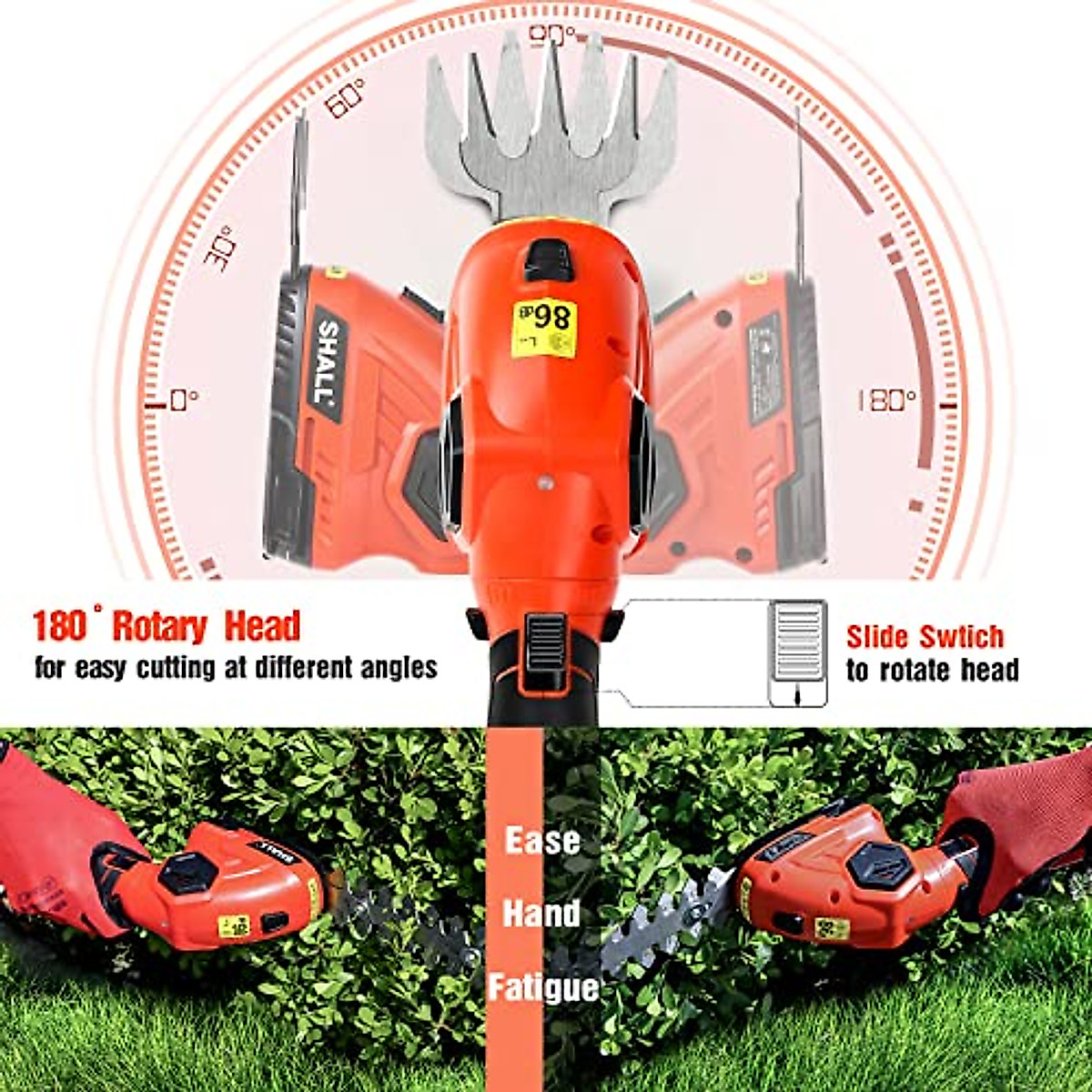 SHALL Cordless Grass Shear & Hedge Trimmer - 7.2V Electric Shrub Trimmer 2 in 1 Handheld Grass Trimmer Hedge Shears, Hedge Clippers Grass Cutter w/Pruning Scissor, Rechargeable Battery & Fast Charger