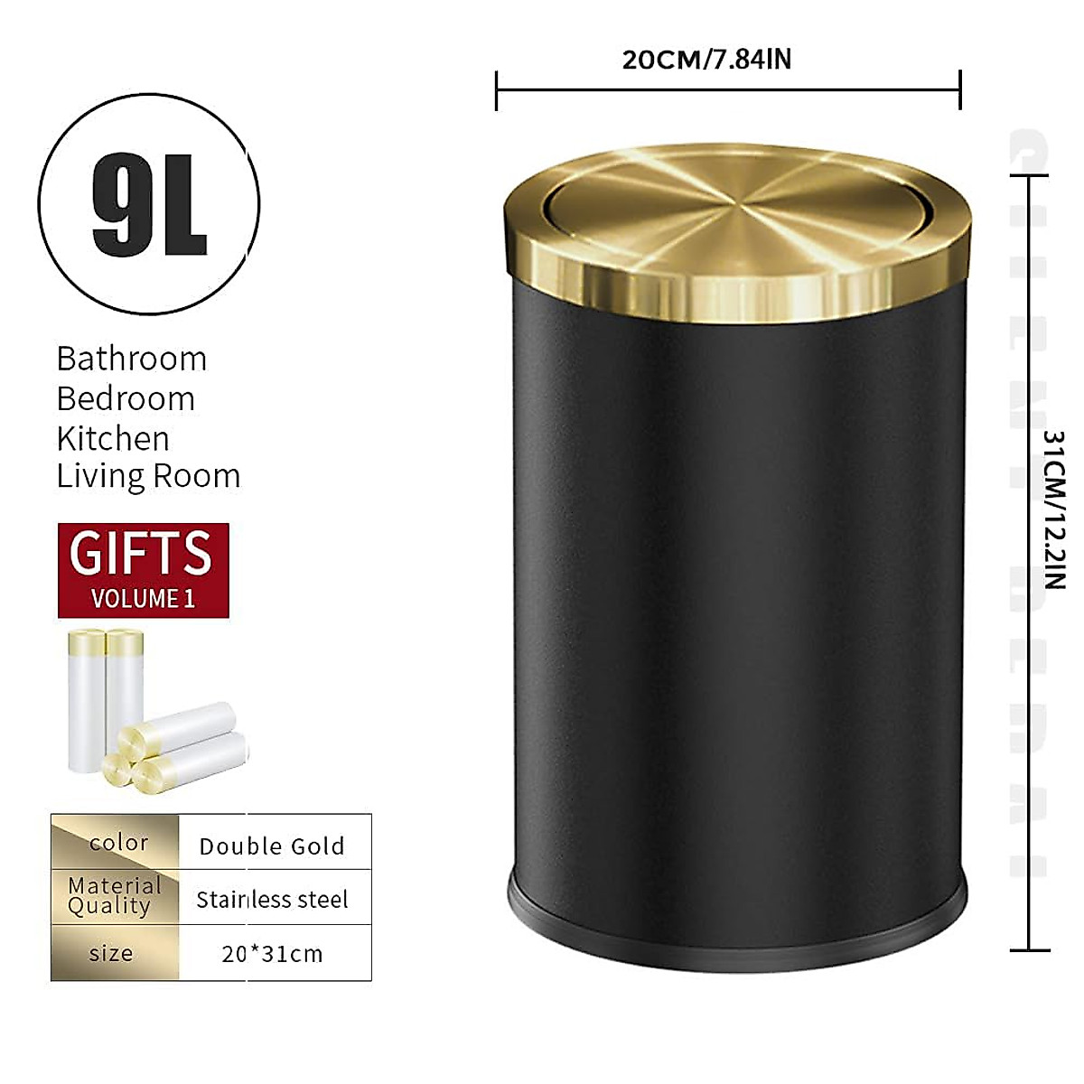 LEASYLIFE 9L/2.4GAL Black and Gold Trash Can for Bathroom,Small Trash Can with Flipping Lid,Garbage cans for Bathroom, Hotel,Office,Lundry,Powder Room, Metallic Gold (ＢＬＡＣＫ)